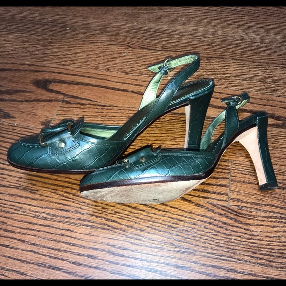 Cole Haan | Shoes | Cole Haan Romy Green Croc Embossed Slingback Heels ...